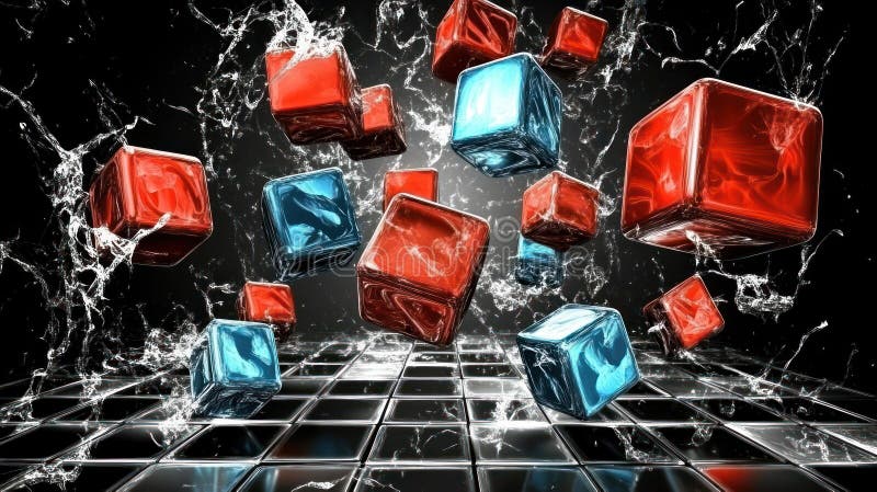 Abstract Image of Floating Red and Blue Cubes with Splashes of Water on ...