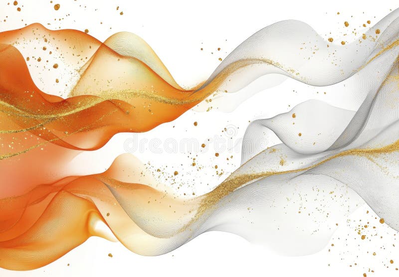 Abstract Orange and Silver Fabric Flow with Gold Glitter on White ...