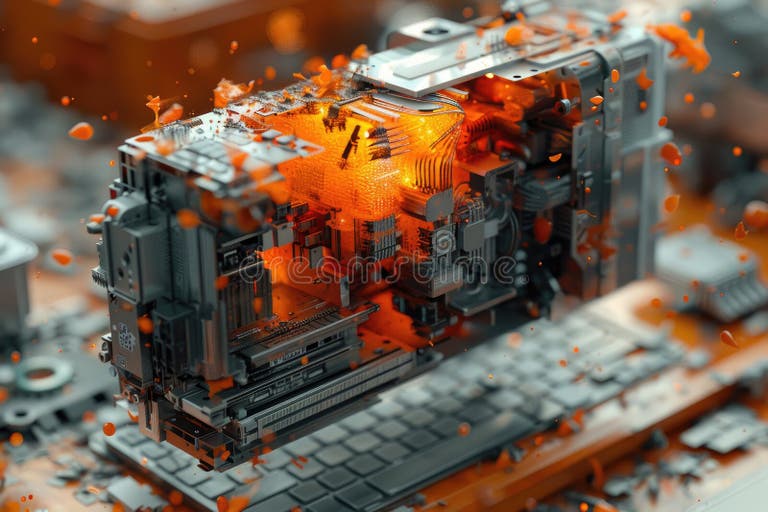 Abstract Exploded View of Computer Hardware with Orange Glowing Core ...
