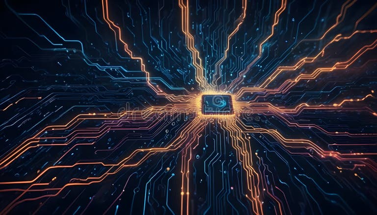 Abstract Image of a Glowing, Blue Chip Inside a Network of Orange Lines, Resembling a Computer ...
