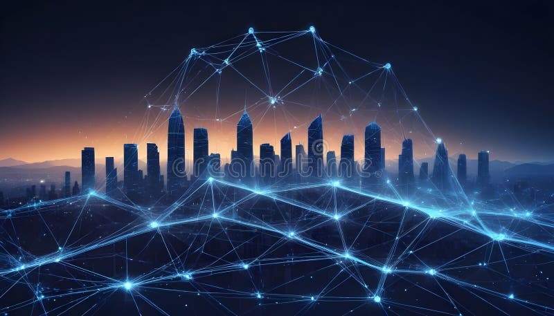 Abstract Image of a Glowing, Blue Network Over a Cityscape Silhouette ...