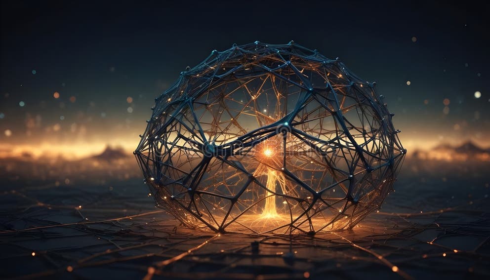 An Abstract Image of a Glowing, Metallic Sphere Enclosed in a Network ...