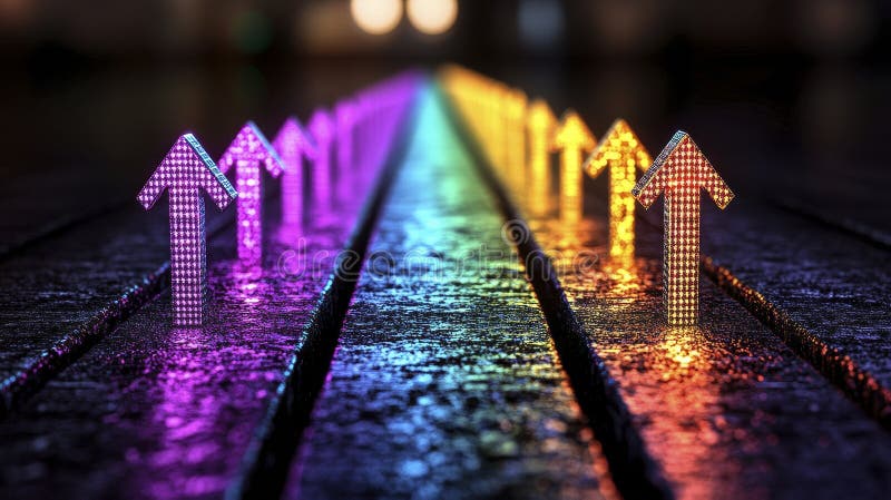 Glowing Multicolored Arrows on Dark Textured Path Stock Illustration ...