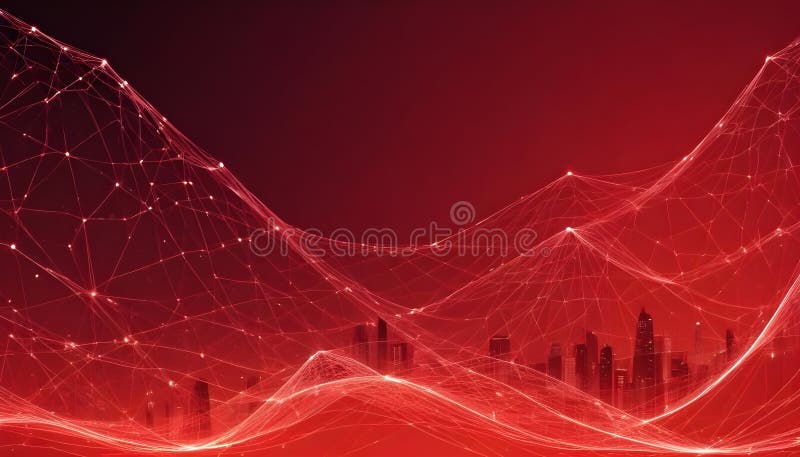 Abstract Image of a Glowing, Red Network Over a Cityscape Silhouette ...
