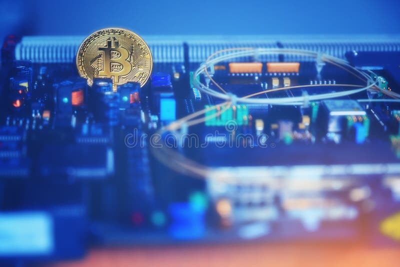 Abstract Image Golden Bitcoin Money on Mainboard Computer Surface ...