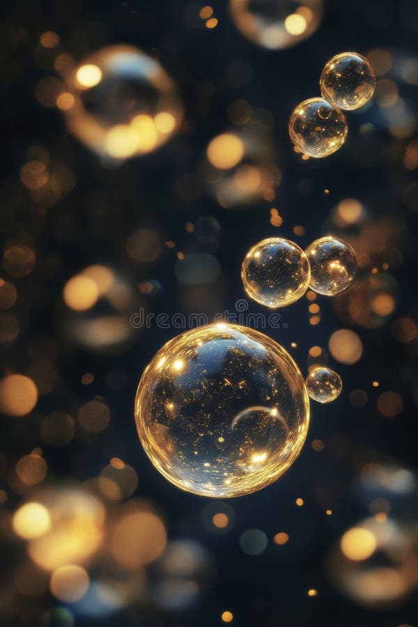 Golden Bubbles Floating on Dark Background with Bokeh Lights Stock Illustration - Illustration ...