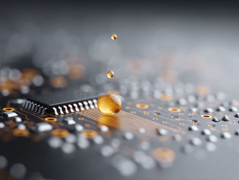 Abstract Image of Golden Liquid Drops Falling Onto a Microchip ...