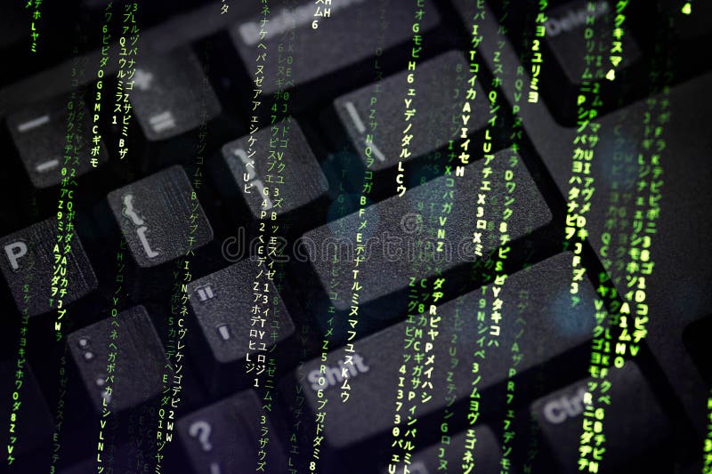 Abstract Image of Green Matrix-style Digital Code Over a Black Computer Keyboard, Representing ...