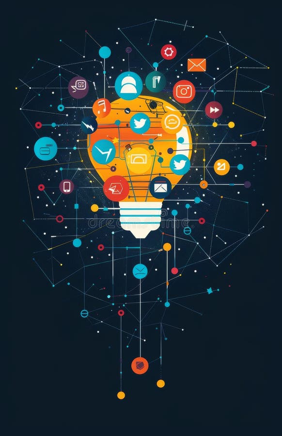 Light Bulb with Various Social Media Icons Connected by Network Lines ...
