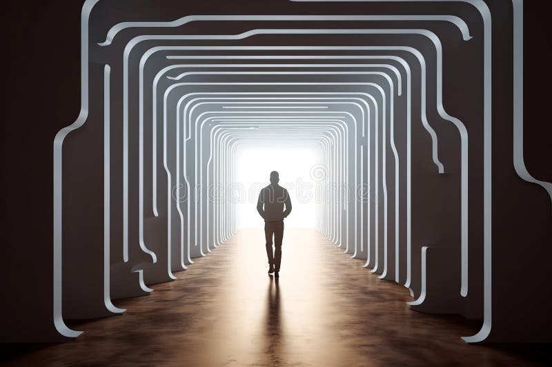 Abstract Image of Male Walking through Head Outline Corridor. Thinking ...