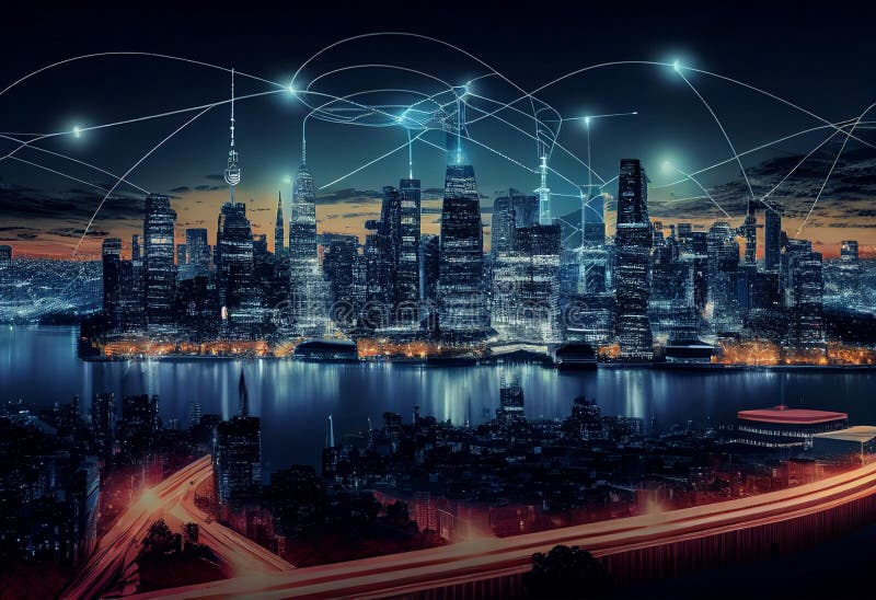 Abstract Image of Modern City and Network Connection Concept. 3D ...