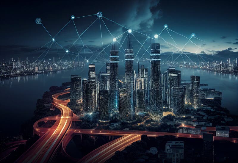 Abstract Image of Modern City and Network Connection Concept. 3D ...