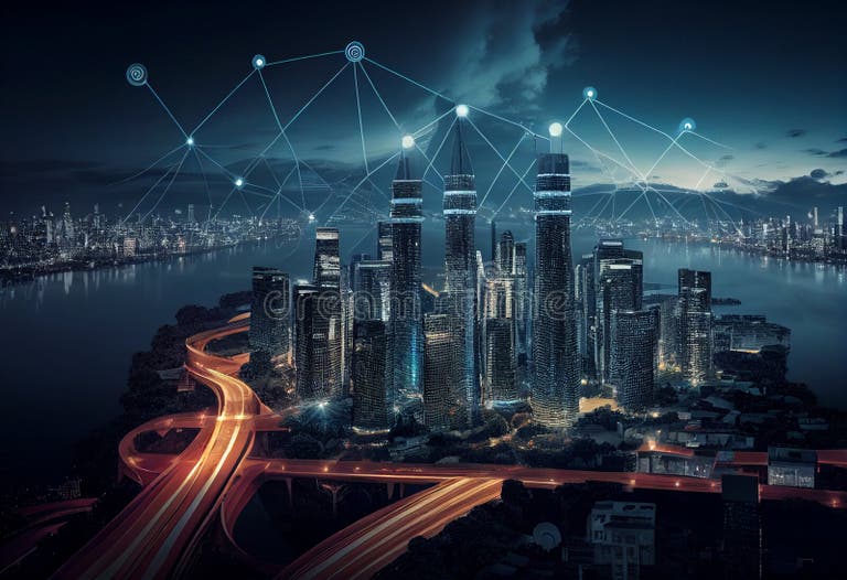 Abstract Image of Modern City and Network Connection Concept. 3D ...
