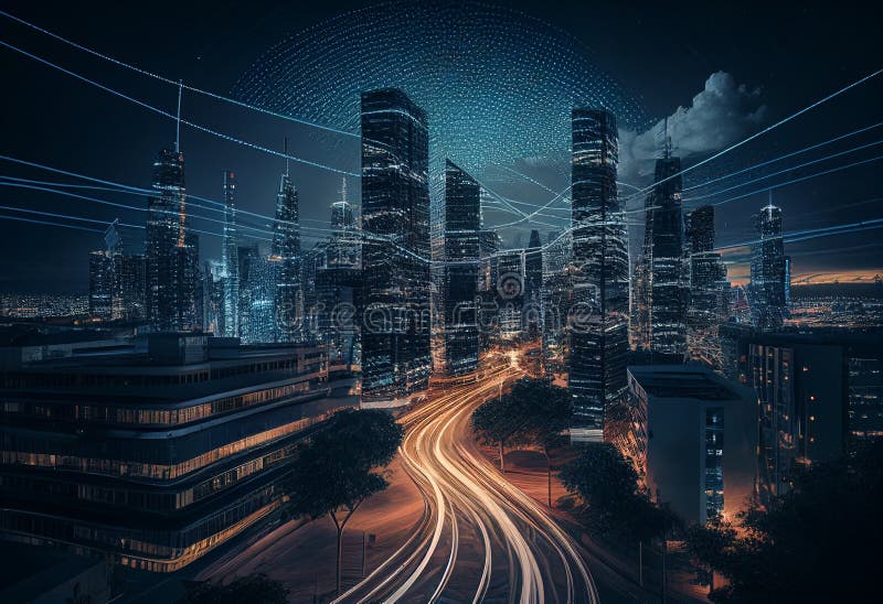 Abstract Image of Modern City and Network Connection Concept. 3D ...