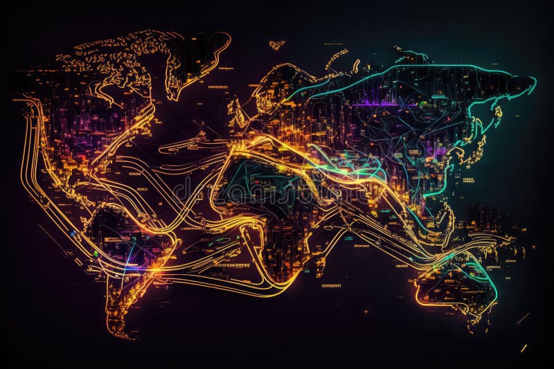 Abstract Image of a Neon-colored Map with Different Transportation ...