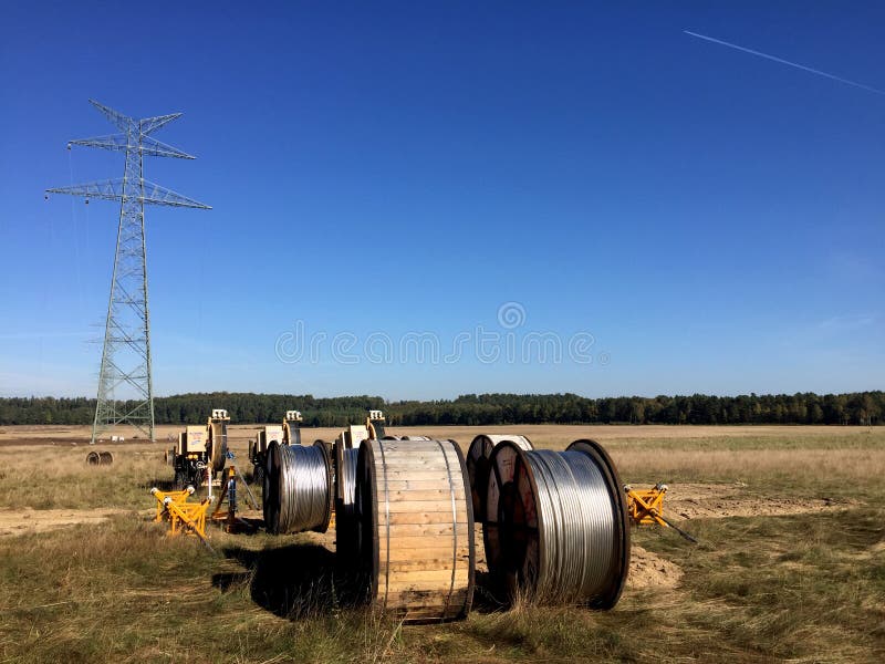 Power Lines Installation, New Line Being Constructed Stock Photo ...