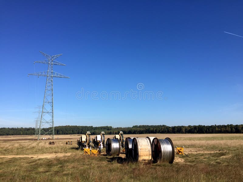 Power Lines Installation, New Line Being Constructed Stock Photo ...