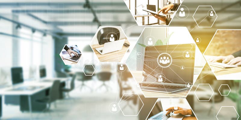 Abstract Image of Office Interior, Various Devices and People ...