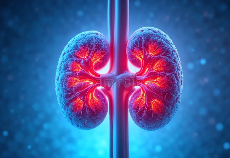 Abstract Illustration of Human Kidneys with Glowing Red and Orange Hues ...