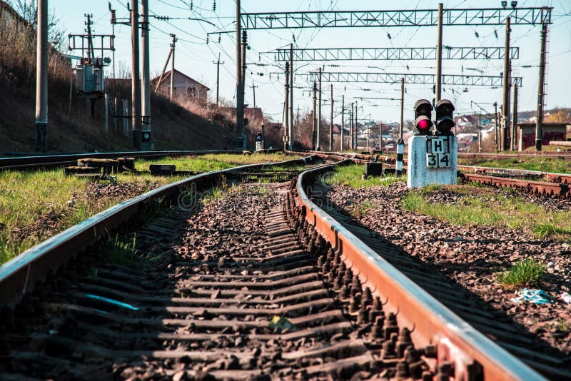 Abstract Image with Red Semaphore Lights on Both Sides of a Railway ...