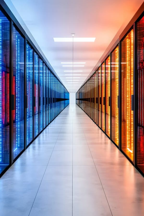 Abstract Server Room Hallway with Blue and Orange Illuminated Racks ...