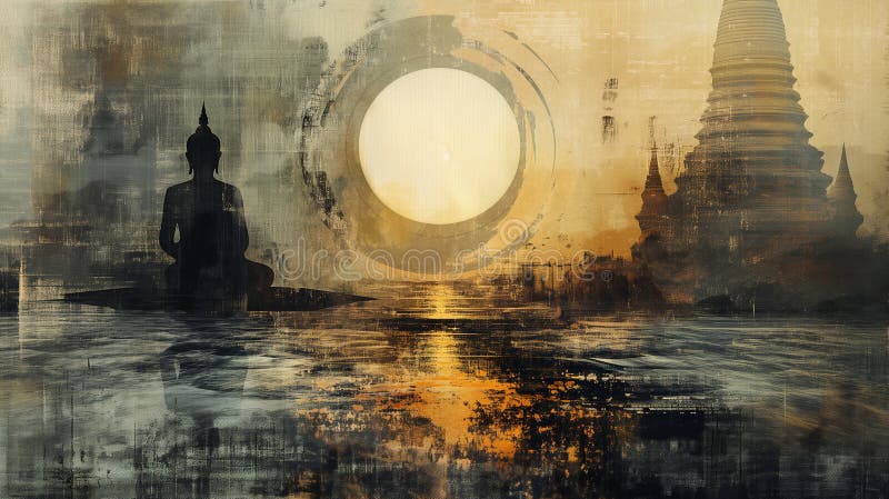 Abstract Image with Shadow Buddha Statue and Temple in Background with ...