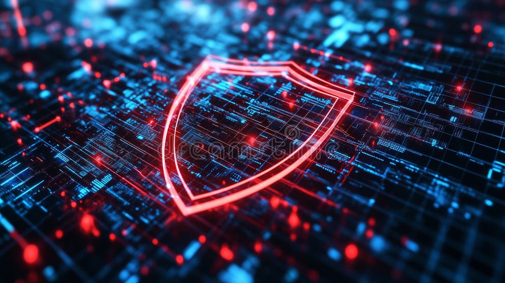 An Abstract Image of Shield with Glowing Red Light. Icon of Shield on a Global Network Security ...