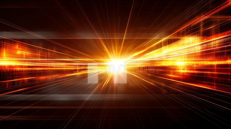 Abstract Golden Light Rays Radiating Forward with Digital Lines ...