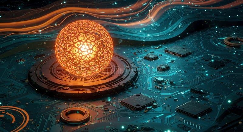 Glowing AI Core Awakening on Futuristic Digital Circuit with Data Waves ...