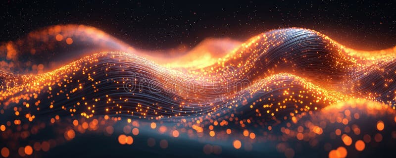 Abstract Image Shows Glowing Optical Fiber Cables in Orange Light. Wavy ...