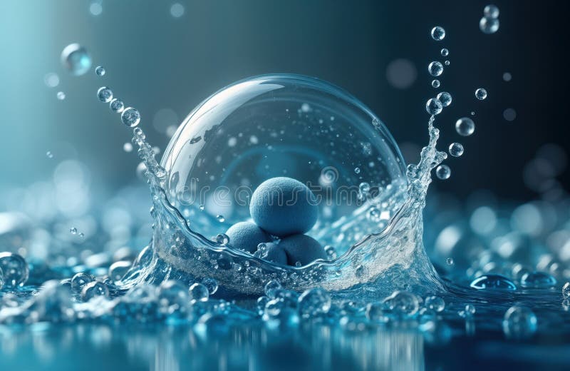 Abstract Image Shows Liquid Bubble with Small Blue Spheres Inside ...