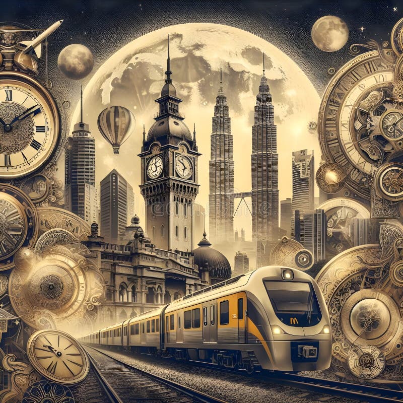 Abstract Image of Skyscaper Backdrop with Vintage Trains, Clock Hands,cityscape and Golden Moon ...