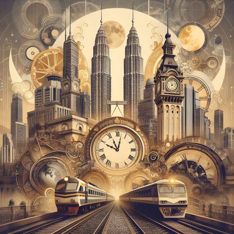 Abstract Image of Skyscaper Backdrop with Vintage Trains, Clock Hands ...