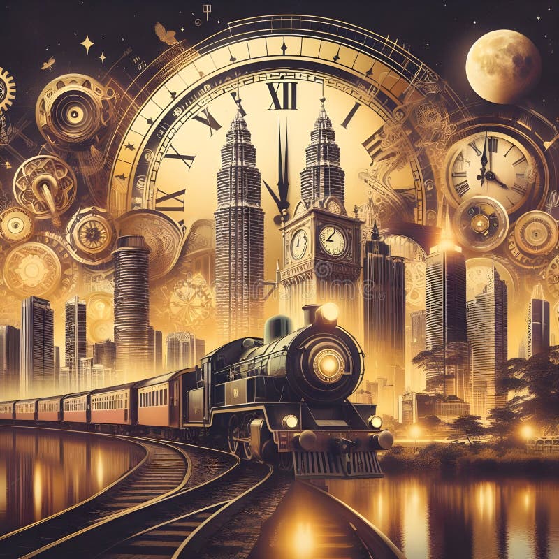 Abstract Image of Skyscaper Backdrop with Vintage Trains, Clock Hands ...