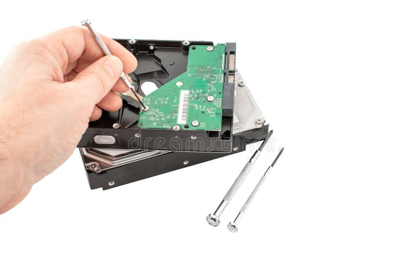 Technician Repairing Broken Hard Disk. Set of Screwdrivers for Repair ... Technician Repairing Broken Hard Disk. Set of Screwdrivers for Repair ...