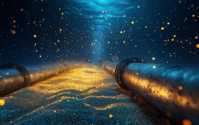 Underwater Pipeline with Golden Particles and Light Rays Stock ...