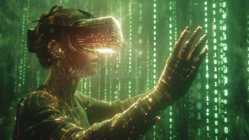 In This Abstract Image A User Is Standing Amidst A Backdrop Of Binary Code Representing The
