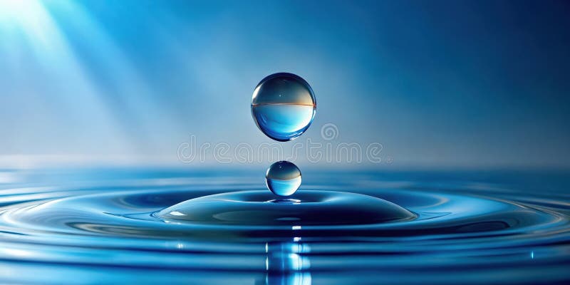 Abstract Image of Water Droplets Falling into a Still Blue Surface ...