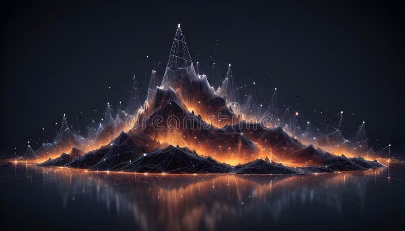 Abstract Image of a Wireframe Mountain Range with Glowing Orange Lights ...