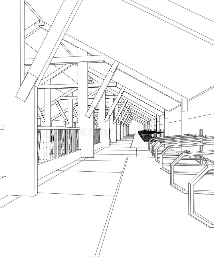 Industrial Building Constructions Indoor. Tracing Illustration of 3d ...