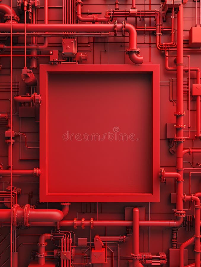 Abstract Industrial Red Pipes and Valve System with Blank Square Frame ...