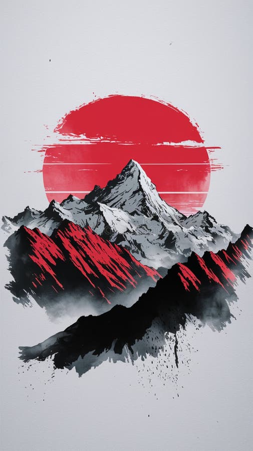Abstract Ink Art of Majestic Mountains with Red Sun Stock Illustration ...