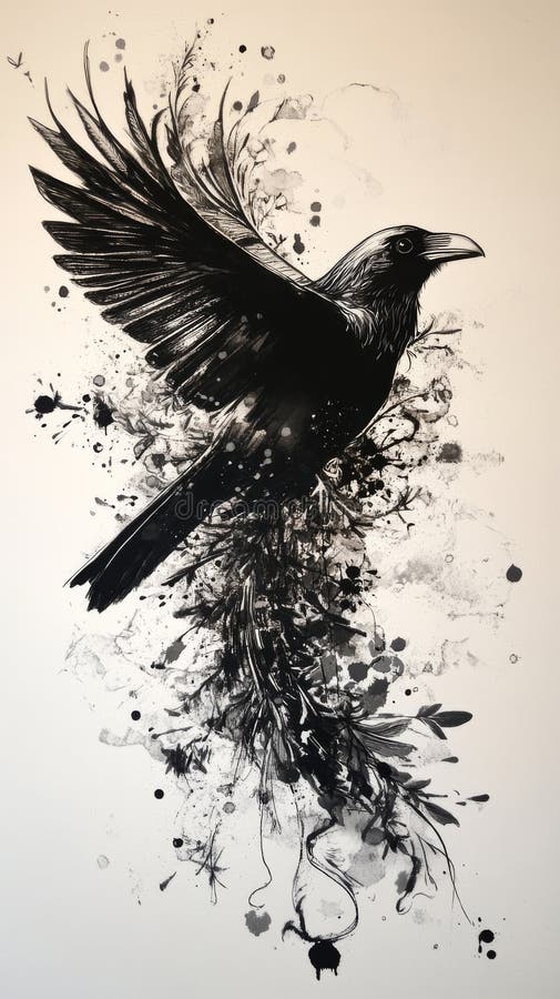 Abstract Ink Drawing of a Crow in Flight, Artistic Expression. Avian ...