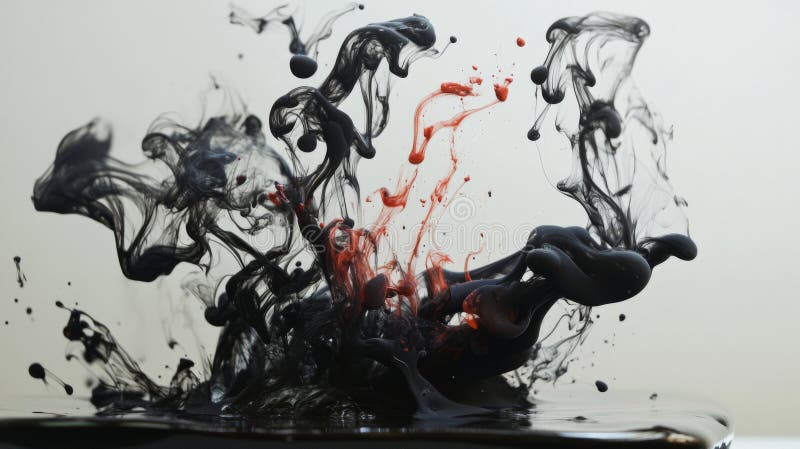 Abstract Ink Explosion: Black and Red Swirls on White Background Stock ...