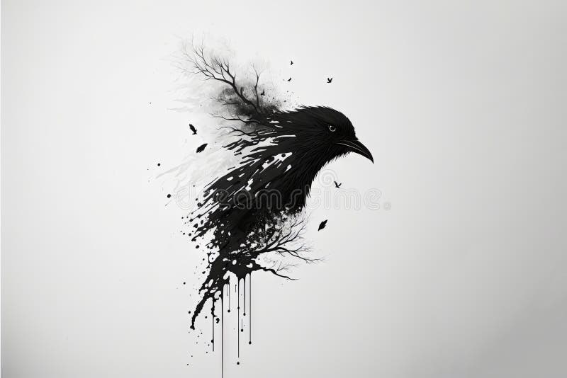 Abstract Inky Bird and Tree Branches Stock Illustration - Illustration ...