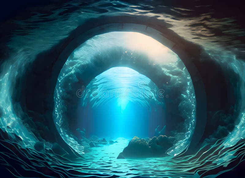 Abstract Inside Empty Tunnel Under Sea Water, Light Swirling Surface on ...