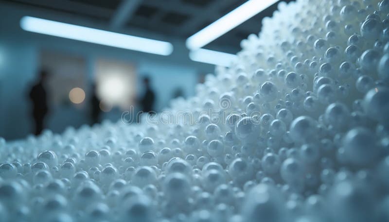 Abstract Installation of Glowing White Spheres Under Neon Light, Modern ...