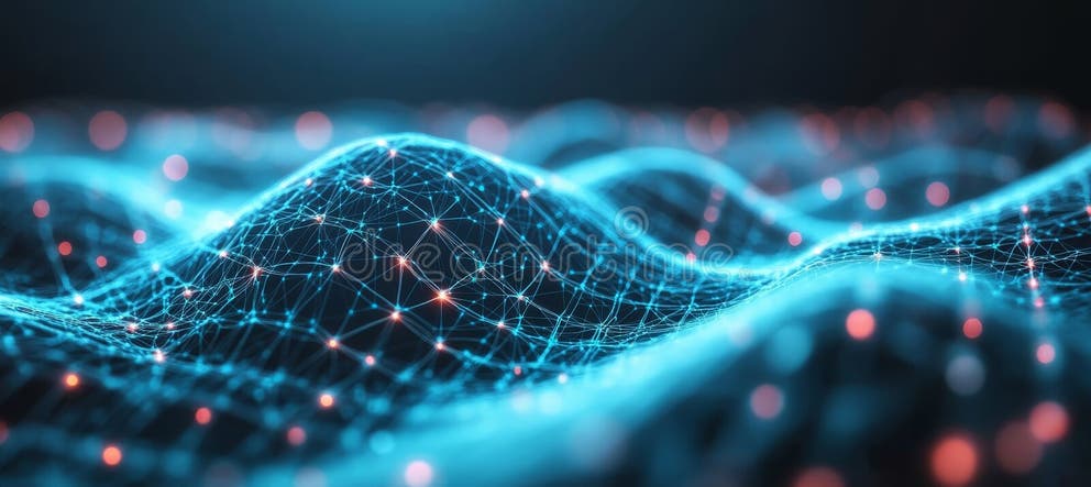 Abstract Interconnected Grid, Flowing Network of Nodes with Bright Blue ...