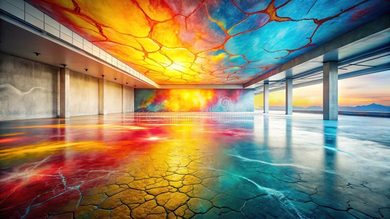 Abstract Interior Design Vibrant Ceiling Mural and Reflective Floor in ...