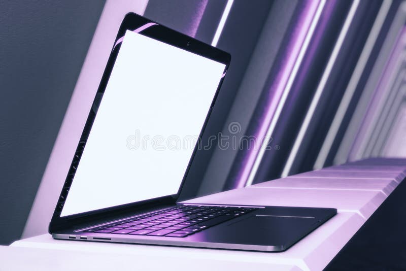 Abstract Interior with Laptop Computer and Luminous Triangle Corridor ...